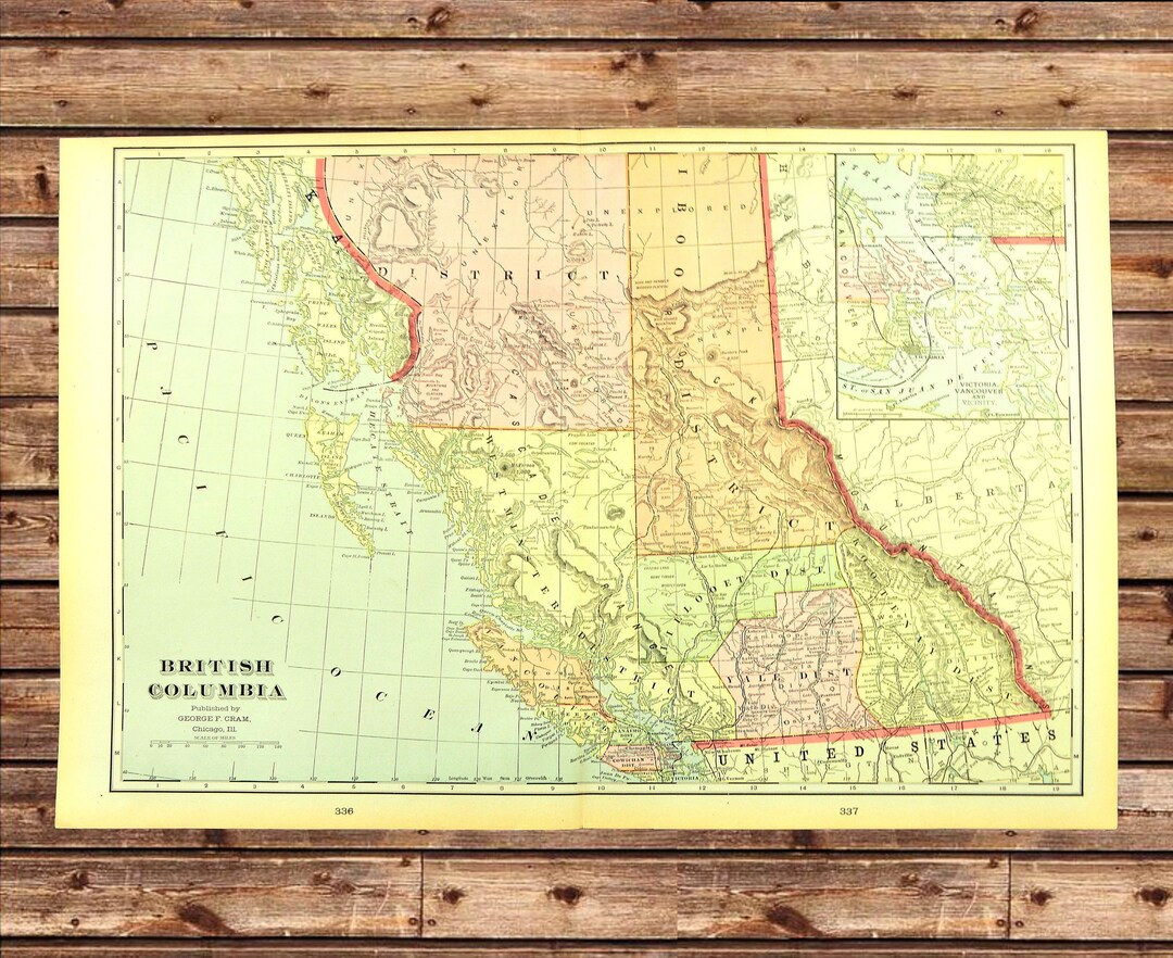 BRITISH COLUMBIA Map Wall Art Decor LARGE Canada Antique Vancouver Gift ...