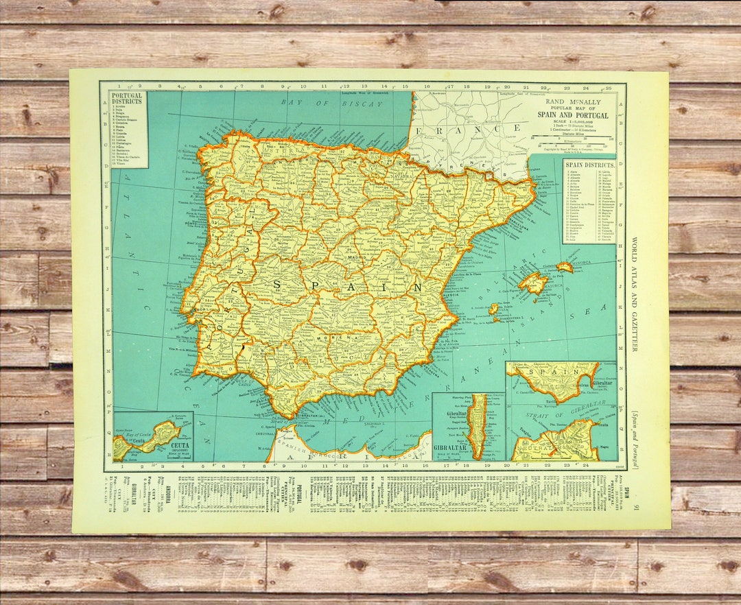 SPAIN MAP Wall Art Decor Frameable Matted Portugal Lithograph Traveler ...