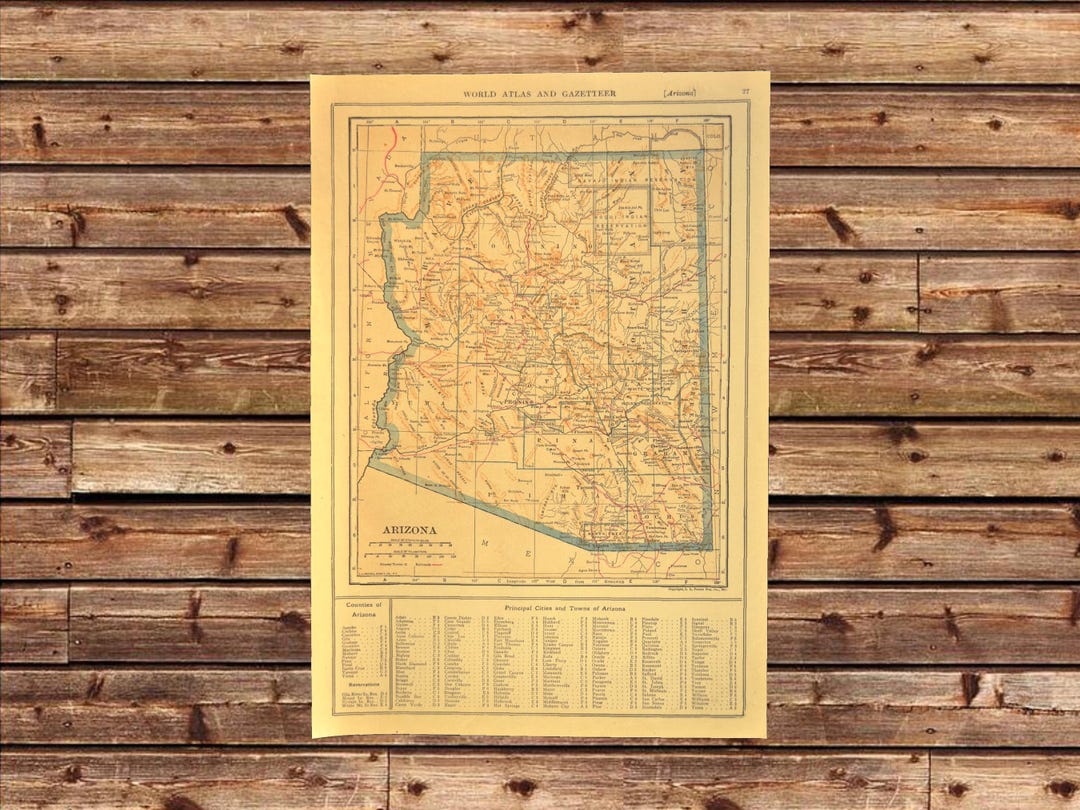 Antique ARIZONA Map Railroad Wall Art Decor Frameable ORIGINAL Vintage ...