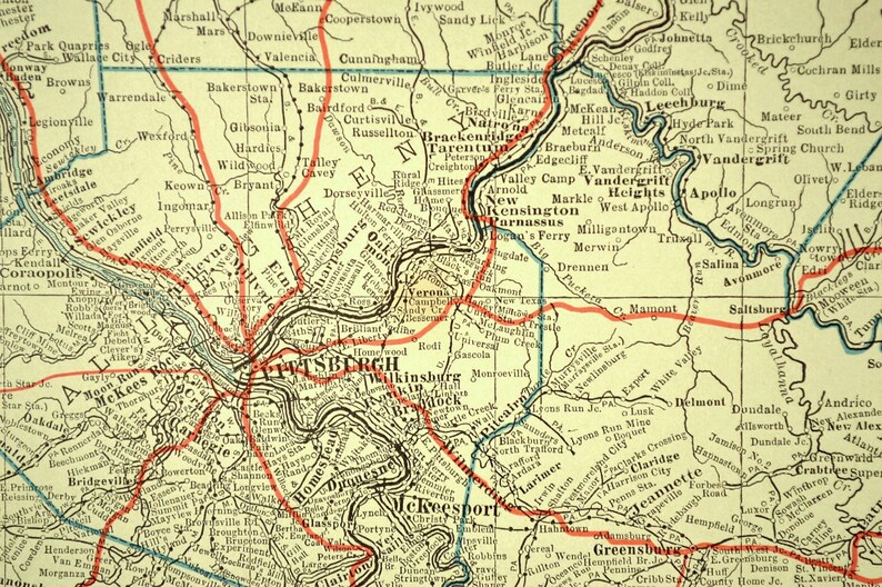 Southwestern Pennsylvania Map of Pittsburgh Vicinity Map Wall | Etsy