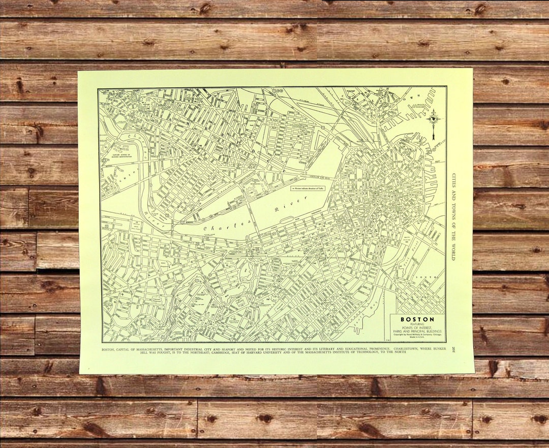 Vintage BOSTON City Street Map Wall Art Decor Frameable Matted ORIGINAL ...