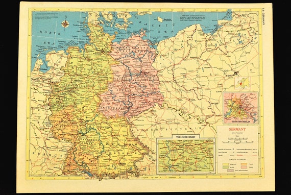 Germany Map of Germany Wall Decor Art Vintage 1950s Original | Etsy