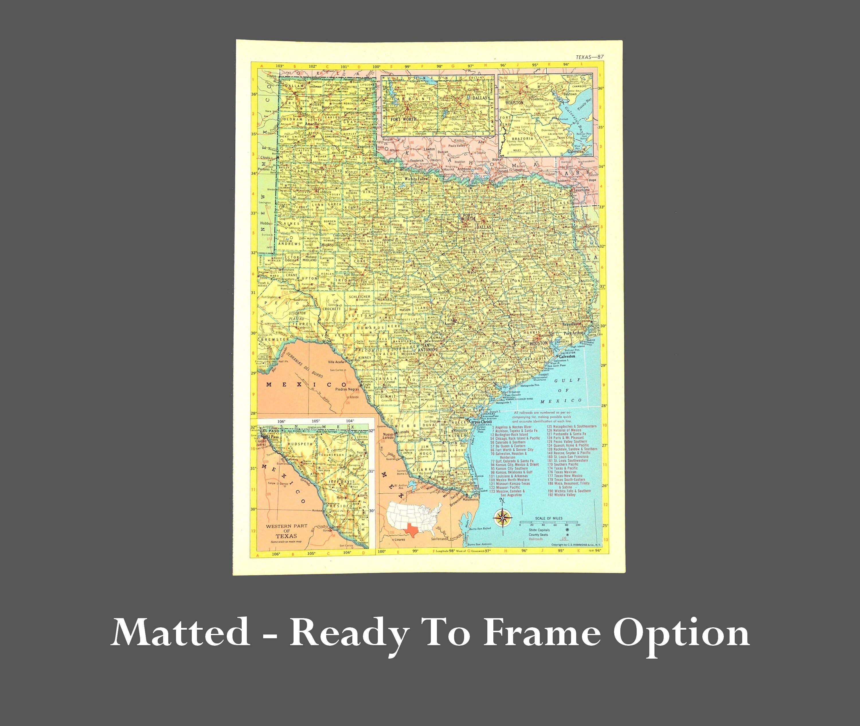 Texas Map of Texas Wall Art Decor Vintage 1950s Old Railroad | Etsy