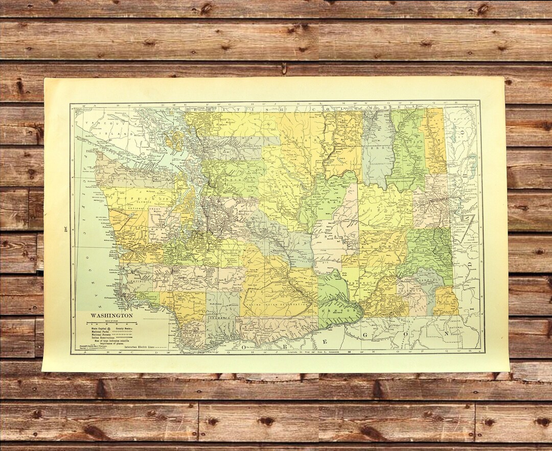 Vintage WASHINGTON State Map Wall Art LARGE Antique Decor ORIGINAL Mens ...
