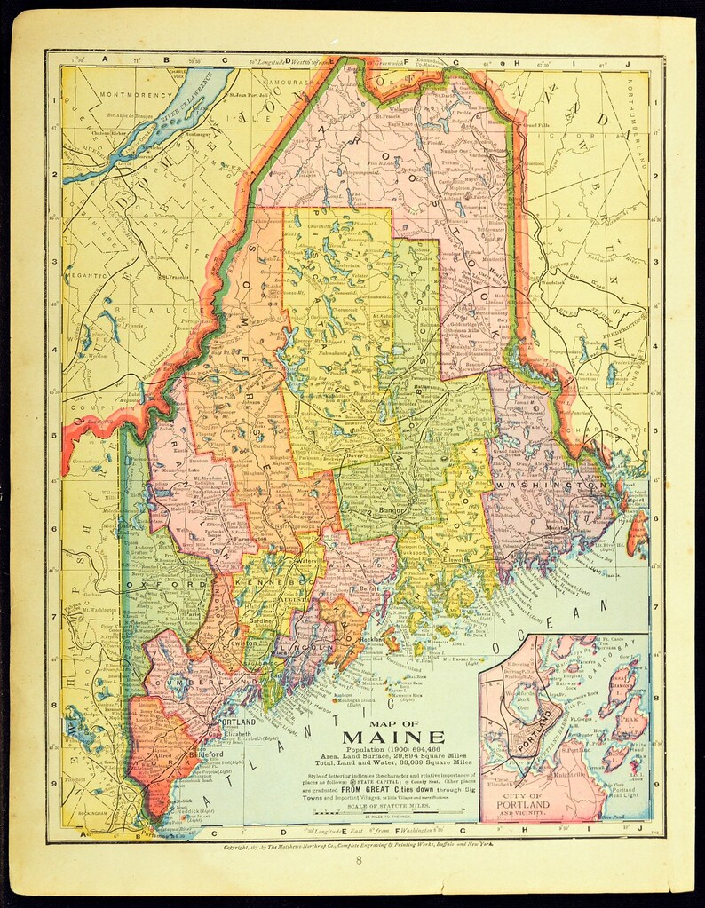 Antique MAINE MAP Wall Art Decor ORIGINAL Vintage Early 1900s - Etsy