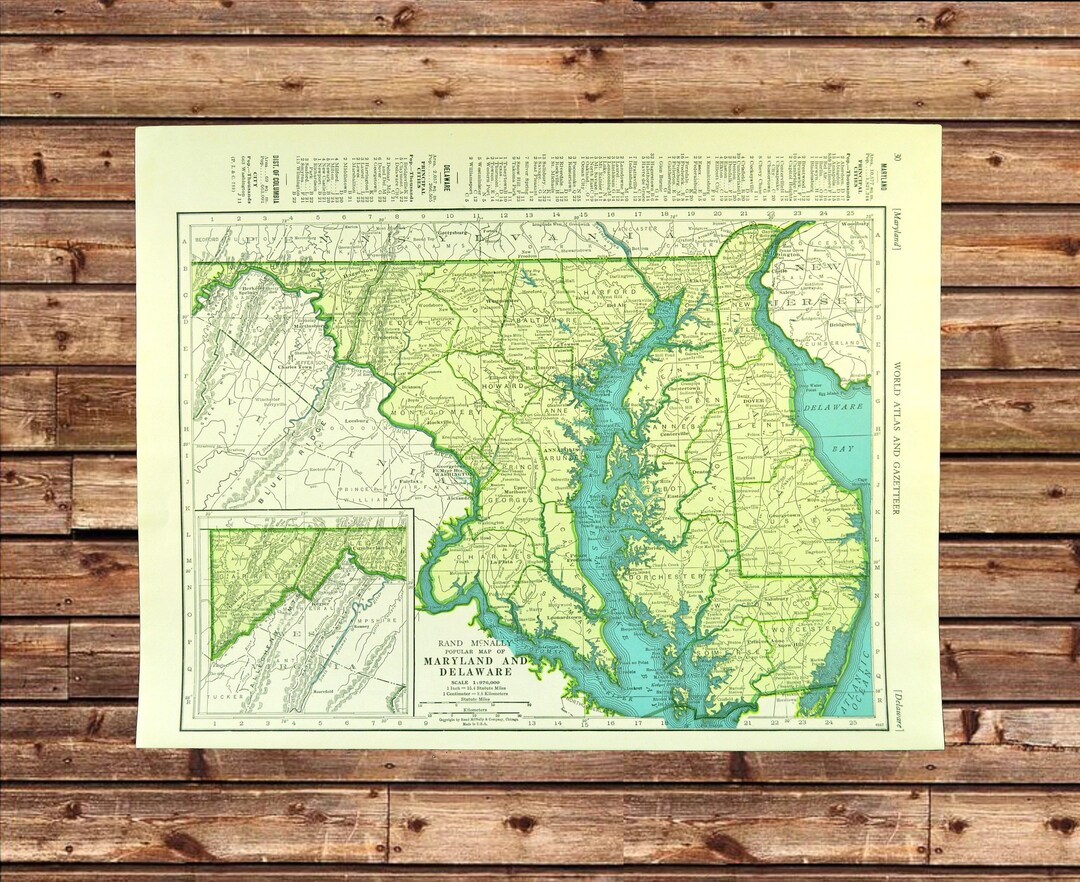 Vintage MARYLAND MAP of Maryland Wall Art Frameable ORIGINAL Green ...