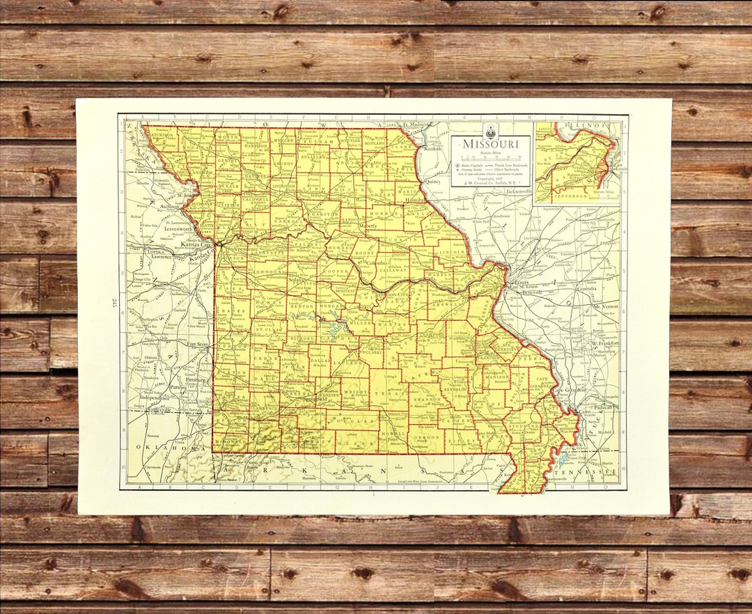 MISSOURI MAP Wall Art Decor Colorful Vintage Yellow Ready to Frame Mens ...