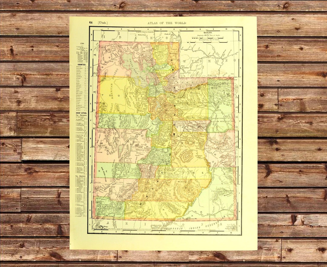 Vintage Utah Map Wall Art Decor Old Original Antique Salt Lake City ...