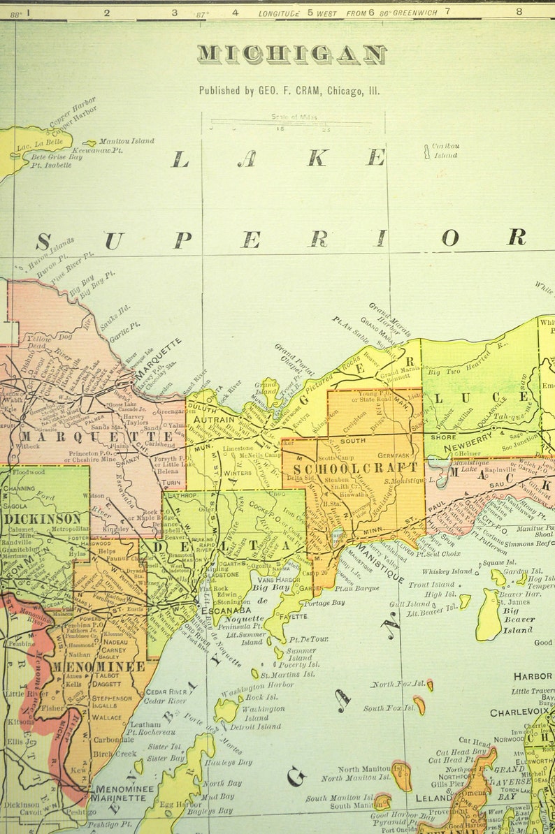 LARGE Michigan Map of Michigan Wall Decor Art Antique Original - Etsy