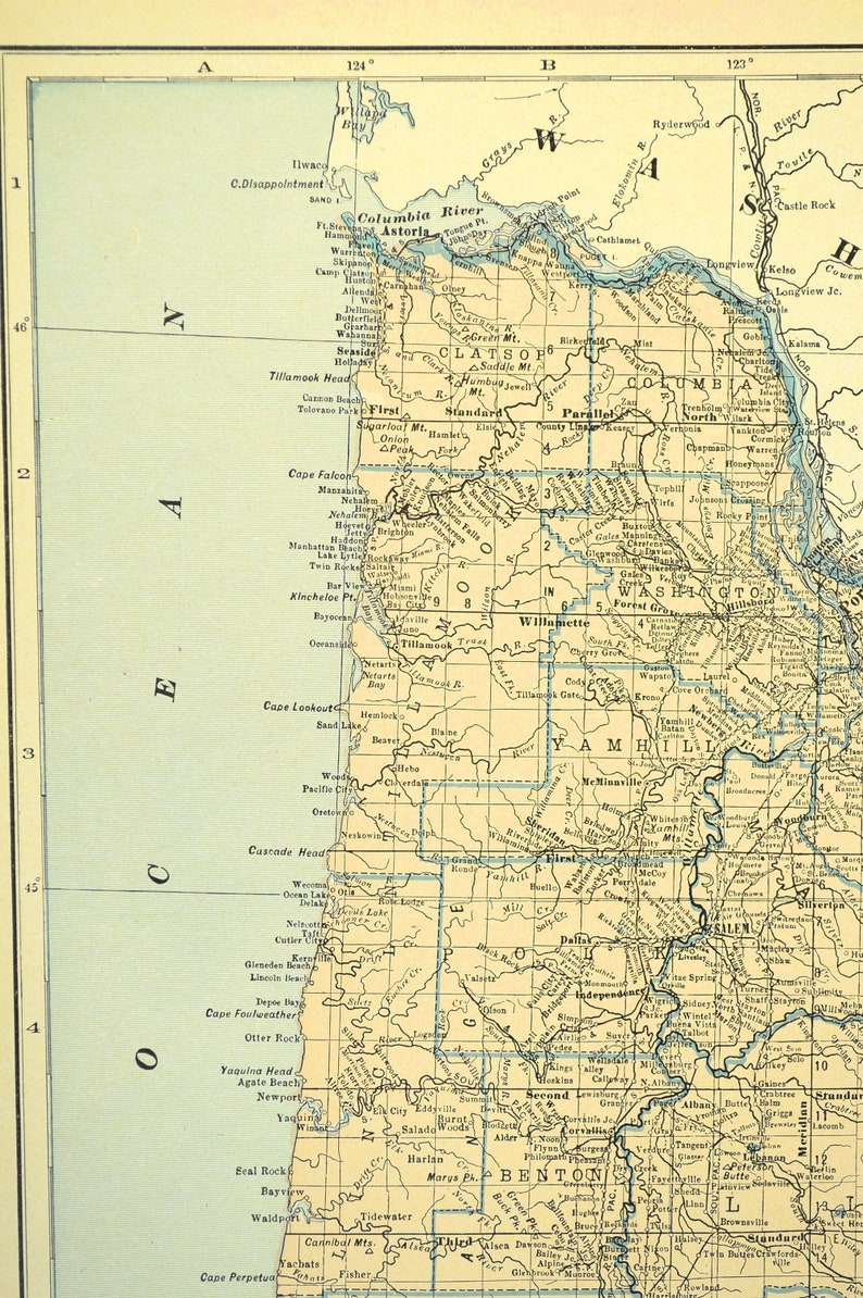 Antique OREGON COAST Map Wall Art Decor LARGE Western Original - Etsy