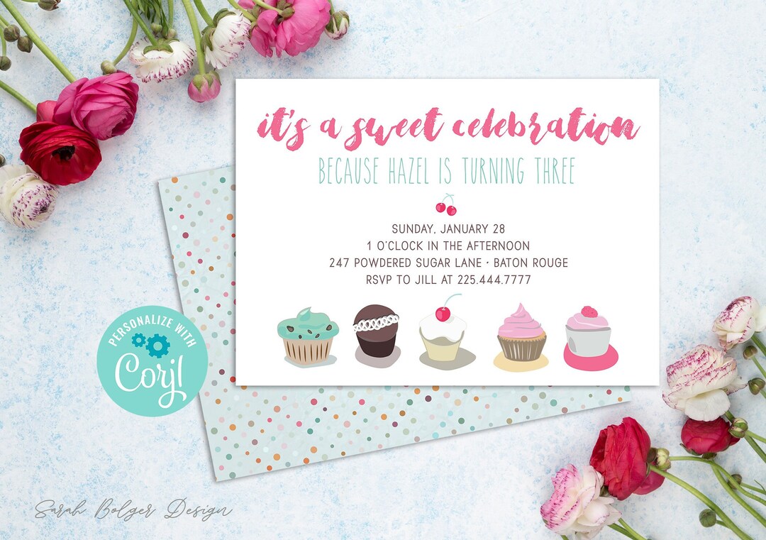 EDITABLE Sweet Cupcake Birthday Celebration Invitation, Cupcake ...
