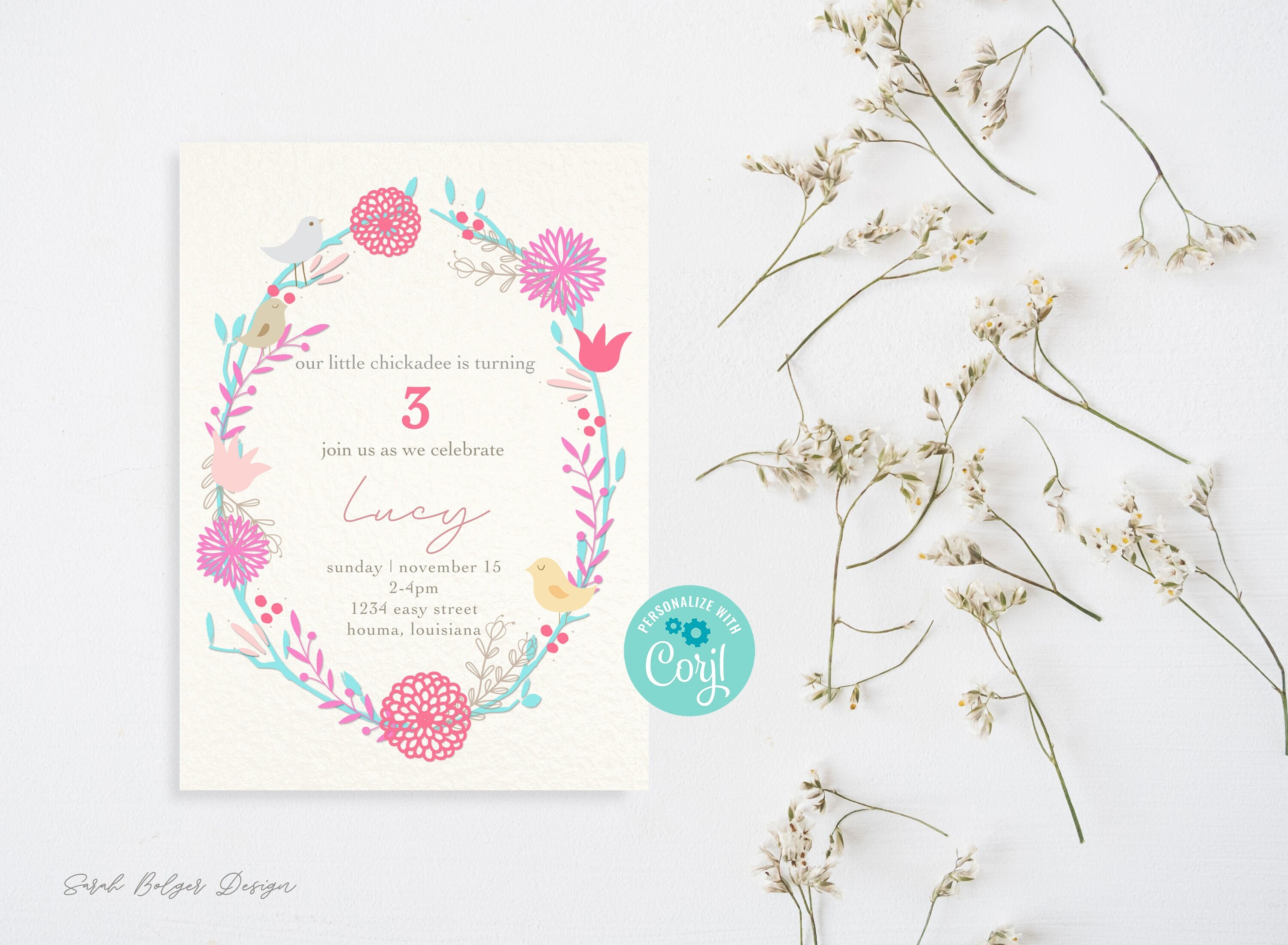 EDITABLE Bird Birthday Invitation, Bird Theme Party, Little Chickadee ...