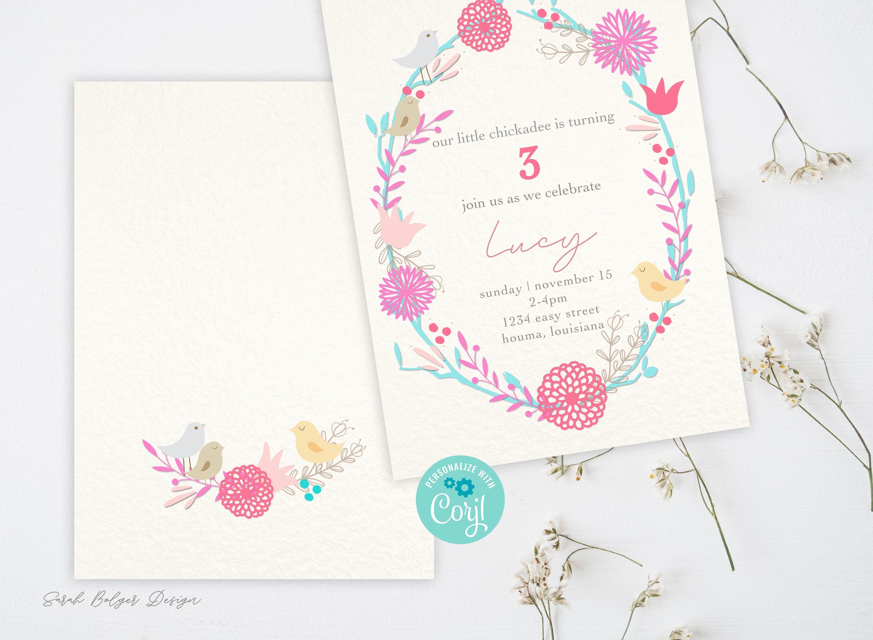 EDITABLE Bird Birthday Invitation, Bird Theme Party, Little Chickadee ...