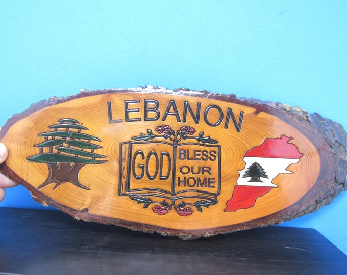 Lebanese Blessing Plaque, Rustic Wood Slice Sign "lebanon God Bless Our ...