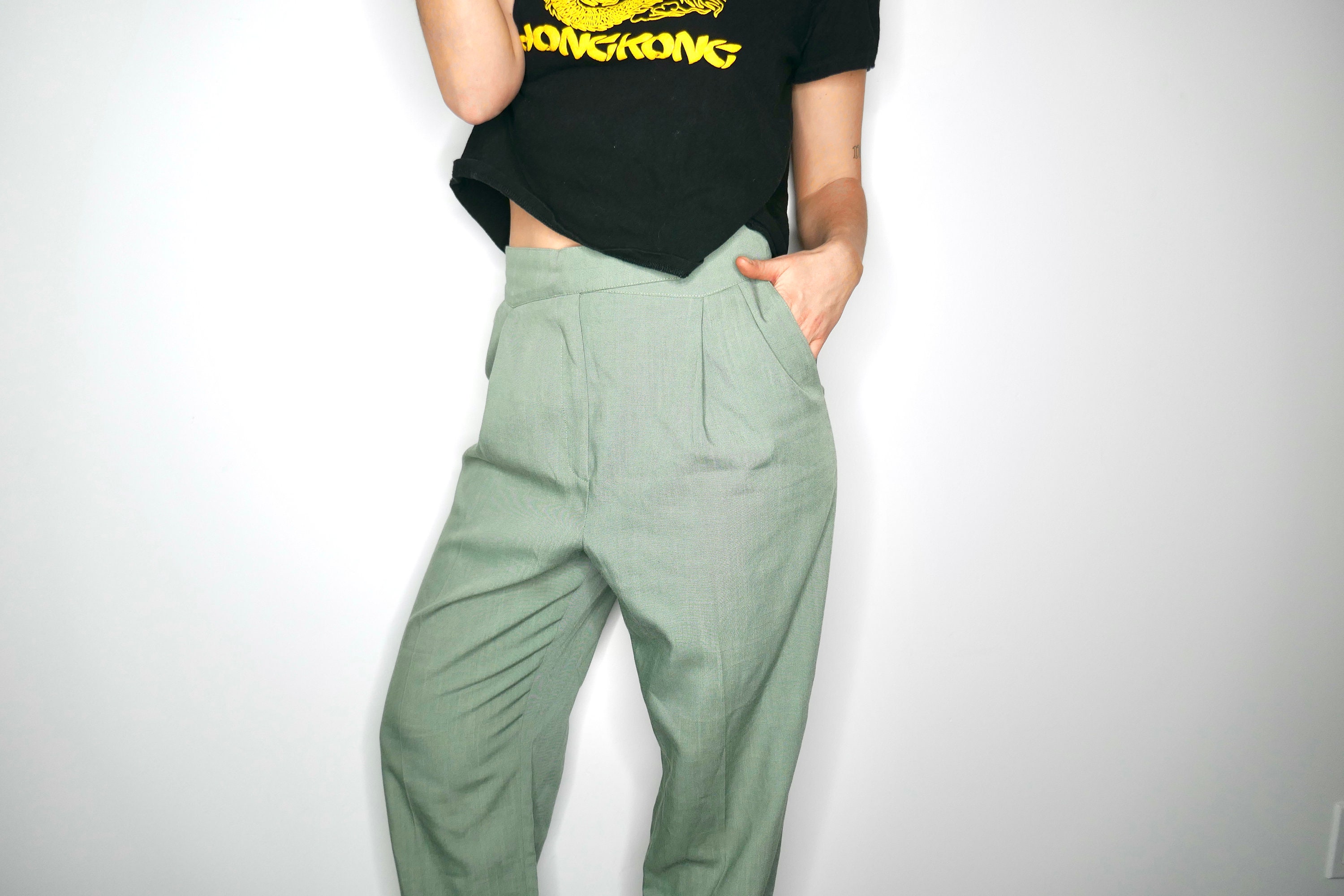 Vintage 80s Trousers // High Rise Green Pants // Tapered Leg Pants ...