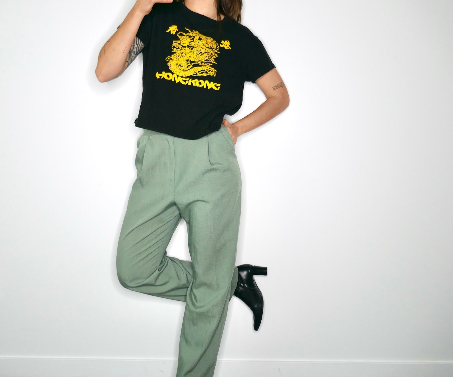 Vintage 80s Trousers // High Rise Green Pants // Tapered Leg Pants ...