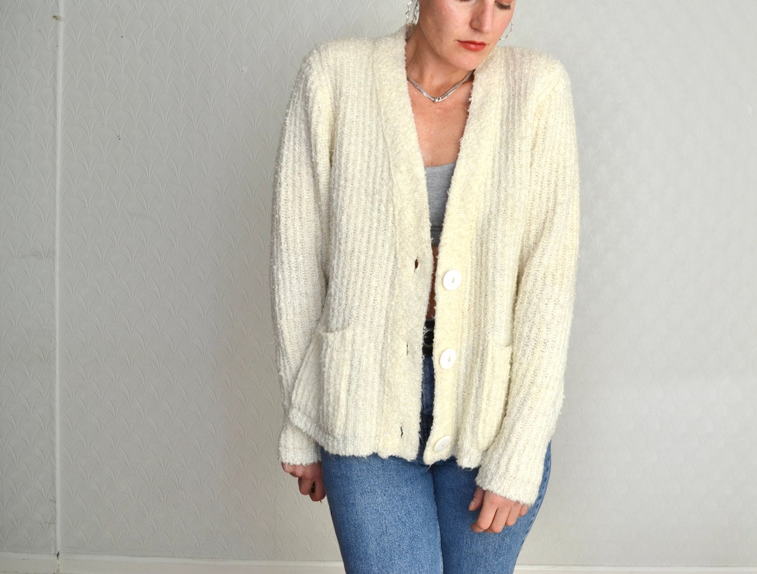 Textured Knit Cardigan // Vintage 80s Chunky Cream Sweater - Etsy