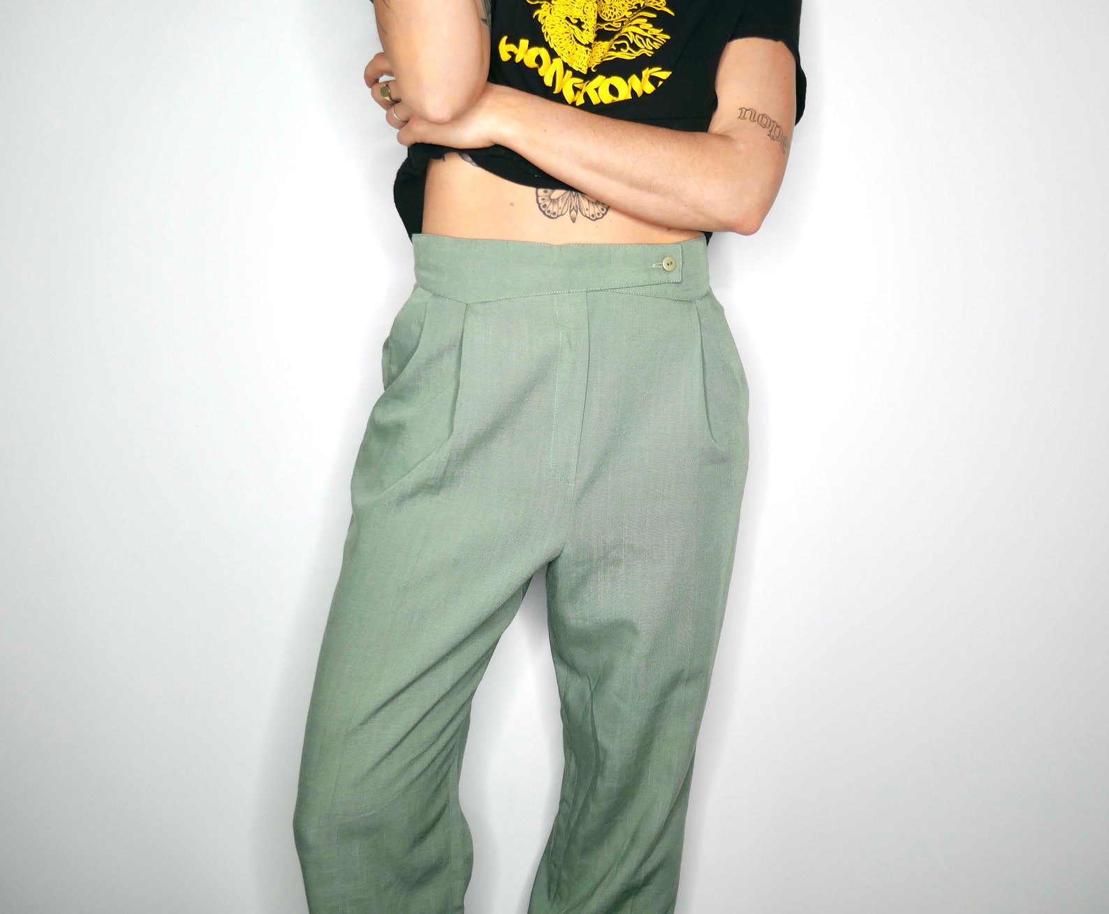 Vintage 80s Trousers // High Rise Green Pants // Tapered Leg Pants ...