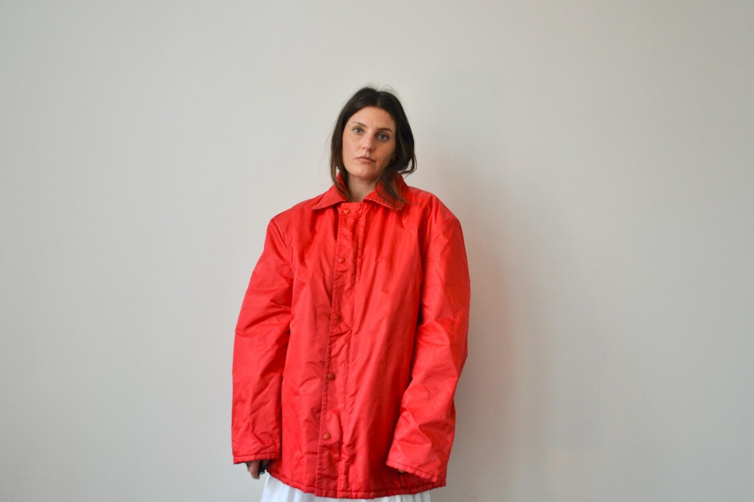80s Red Coaches Jacket / Vintage Corduroy Collar Nylon Zip up Coat ...
