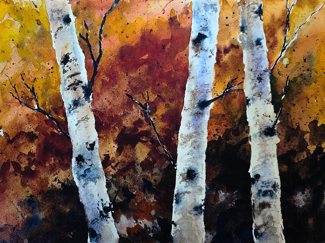 Autumn Birch Original 12x9 Inch Watercolor Forest Trees Painting ...
