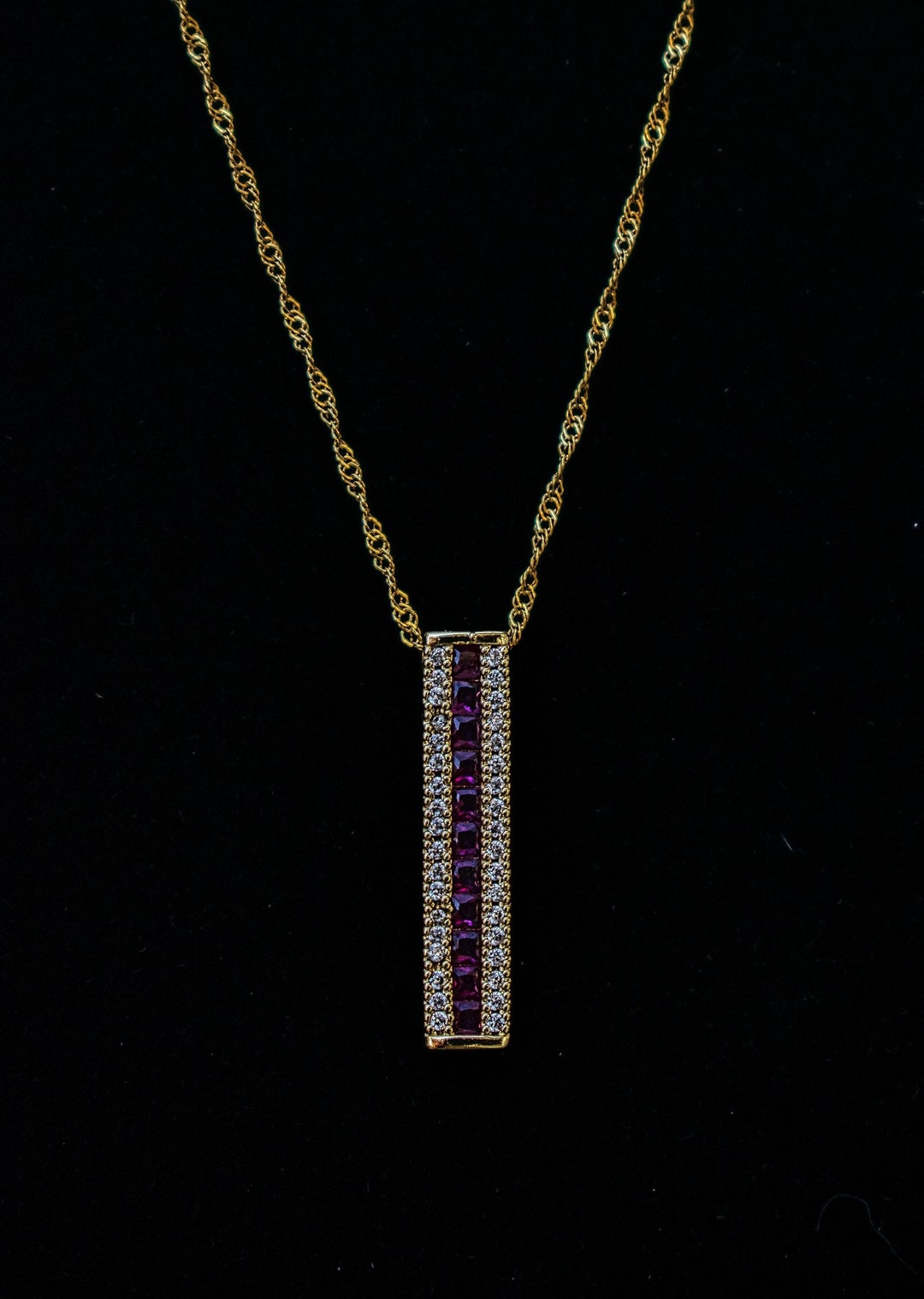 Gold Plated Column Pendant With Red Cube and Crystal Cubic Zirconia and ...