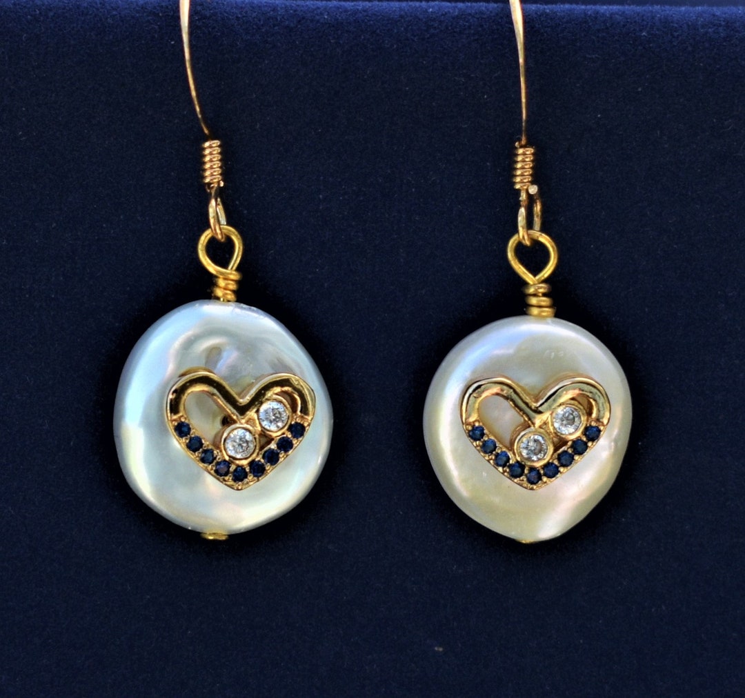OAK Dangling Keisha Pearl Earrings With Gold Open Heart With Blue and ...