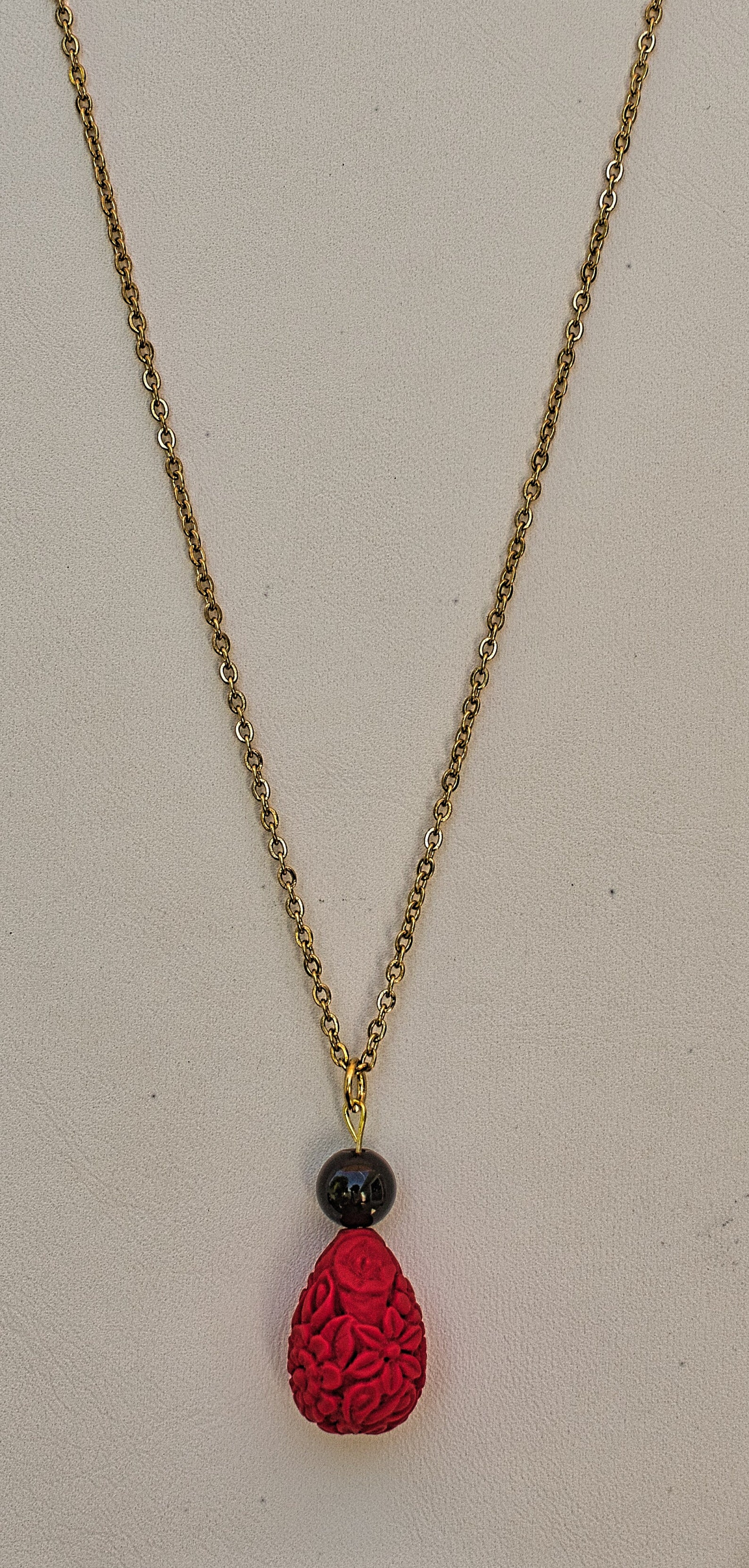 Carved Cinnabar Teardrop Pendant With Black Onyx, Gold Tone Cable Chain ...