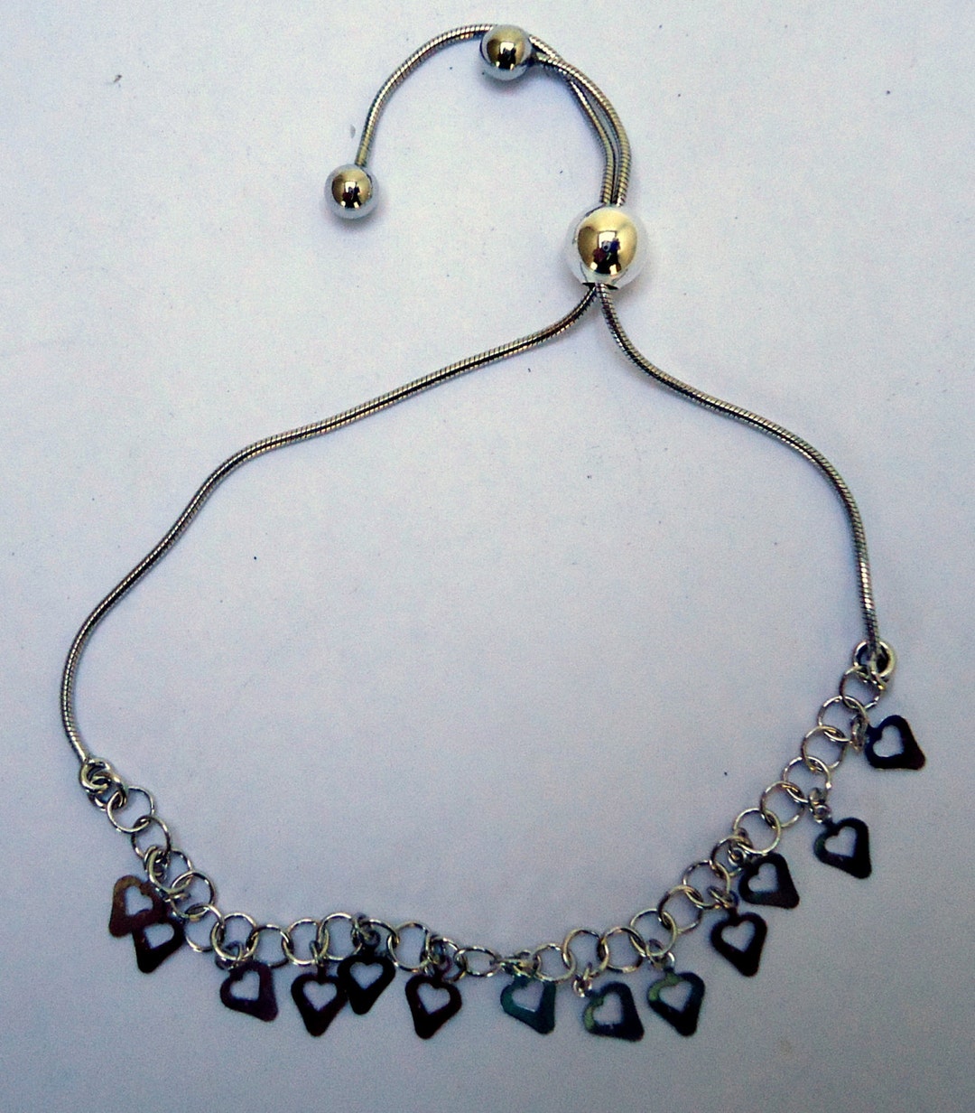 Dainty Sterling Heart Adjustable Friendship Bracelet With Tiny Hanging ...