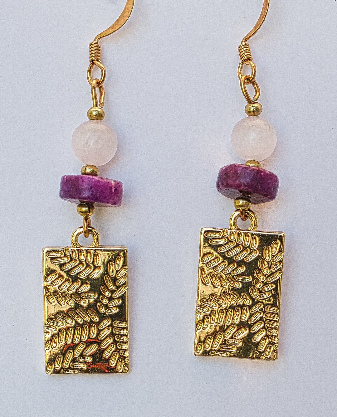 Embossed Gold Fern Pattern Earrings With Kunzite, Boho Style Purple and ...