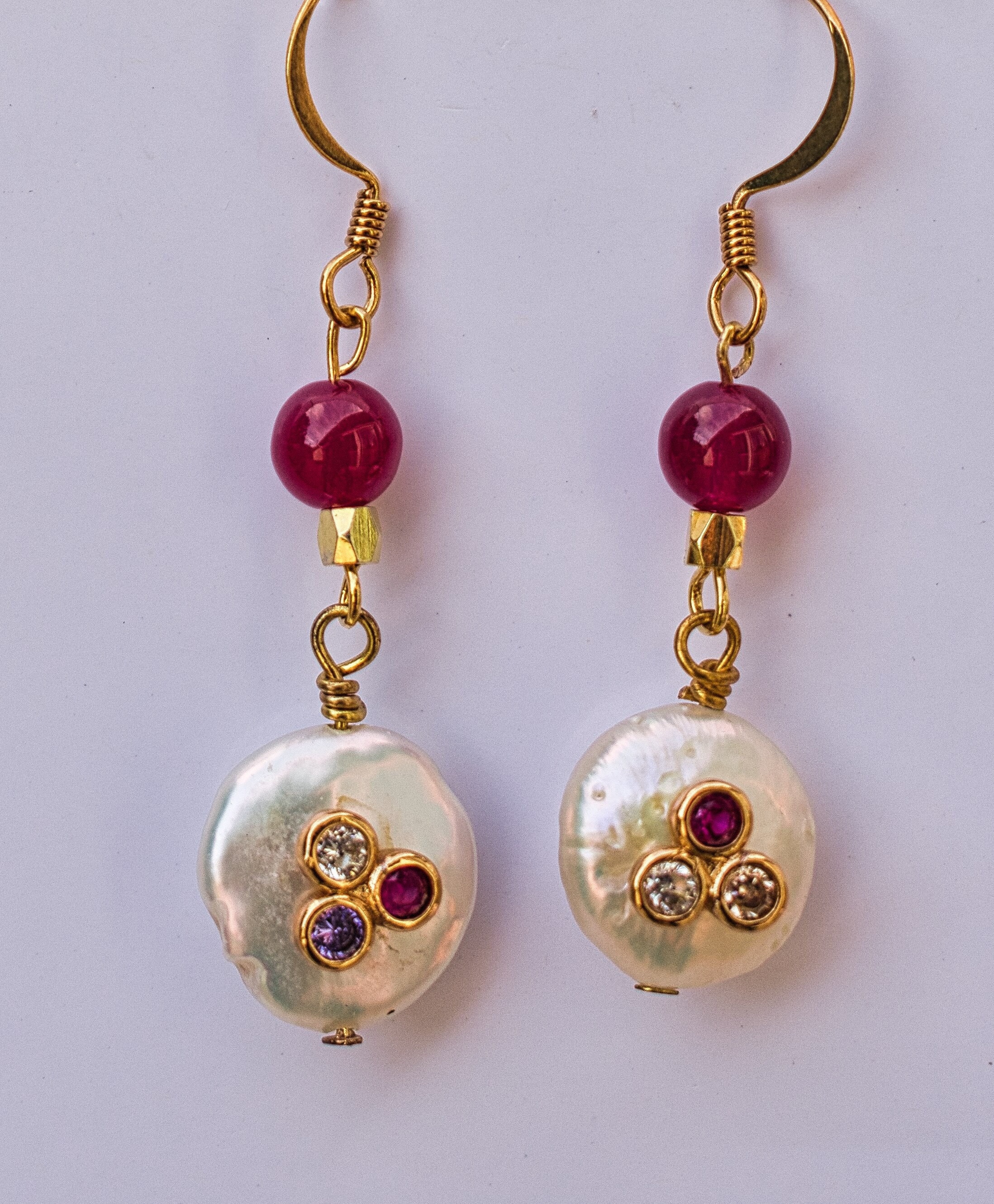 Genuine Ruby and Freshwater Pearl Earrings, Bezel Set Cubic Zirconia ...