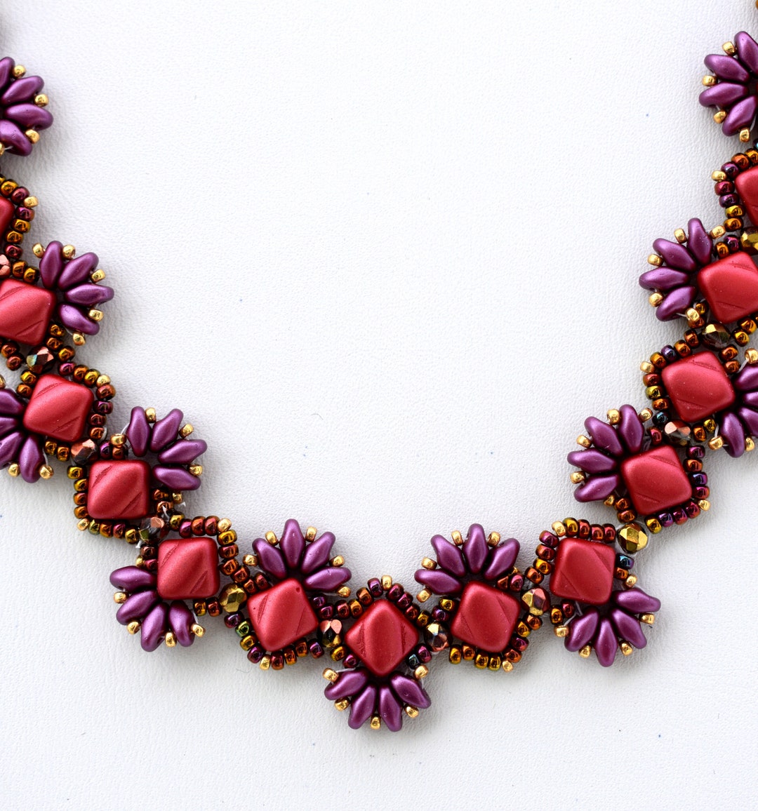Beaded Necklace in Purple and Bright Pink Beads With Golden Seed Beads ...