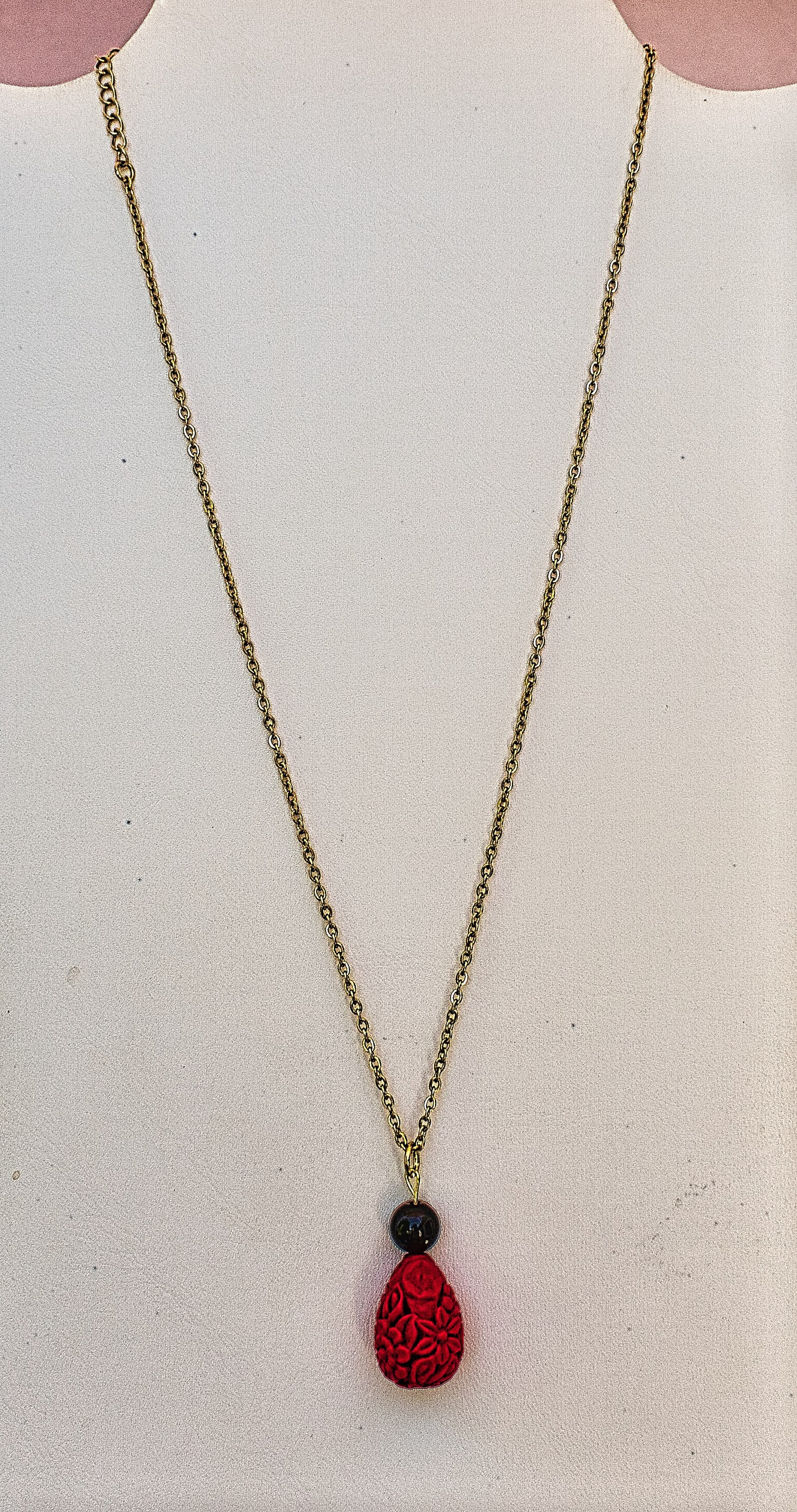 Carved Cinnabar Teardrop Pendant With Black Onyx, Gold Tone Cable Chain ...