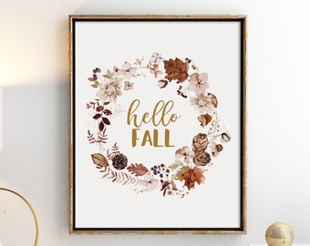 Hello Autumn Wall Art Print Fall Decoration Floral Pumpkin | Etsy