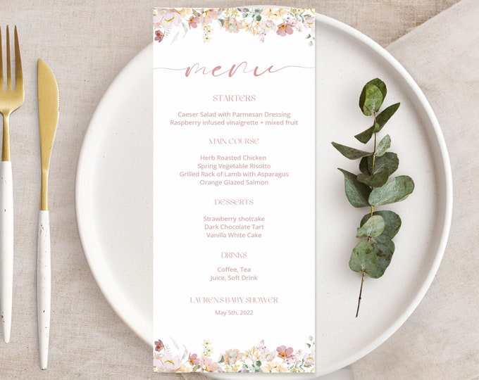 Pink Floral Menu Card, Editable Baby Shower Menu Card, Girl Baby Shower ...
