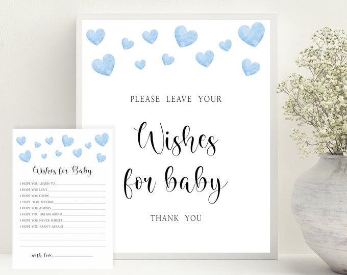 Wishes for Baby Sign and Card, Blue Heart Baby Shower Decoration, Boy ...