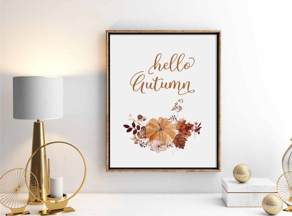 Hello Autumn Wall Art Print Fall Decoration Floral Pumpkin | Etsy