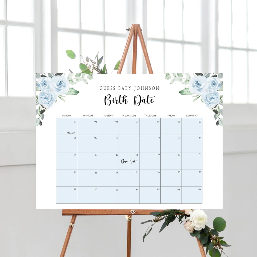 Blue Floral Baby Shower Due Date Calendar Baby Shower Game - Etsy
