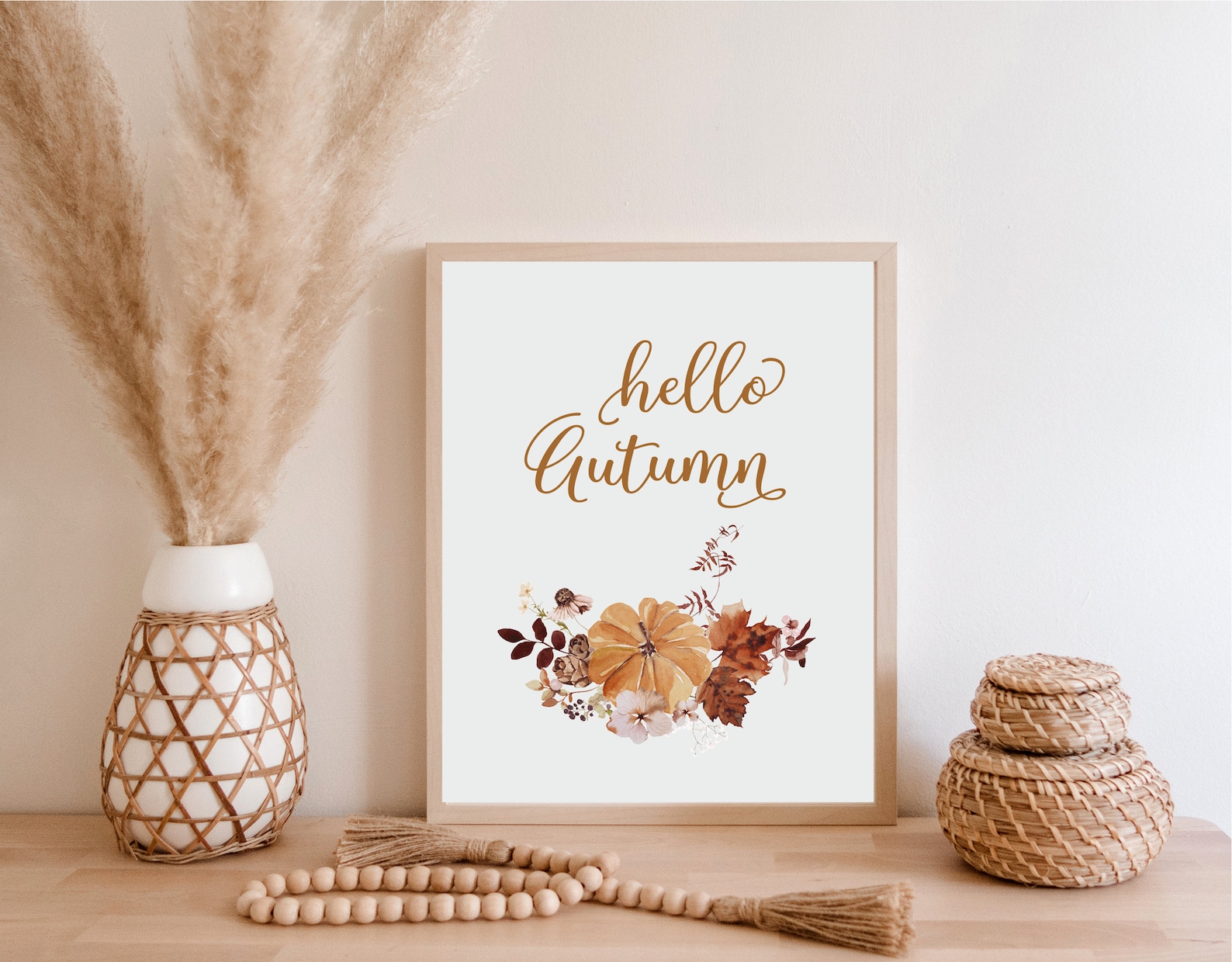 Hello Autumn Wall Art Print Fall Decoration Floral Pumpkin | Etsy