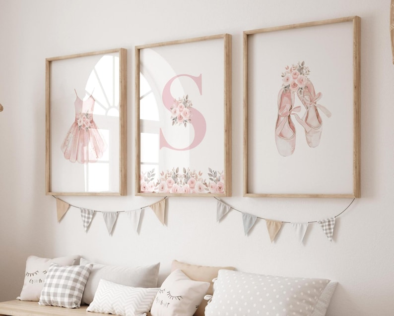 Ballerina Wall Art Set, Ballet Floral Nursery Decor, Personalized ...