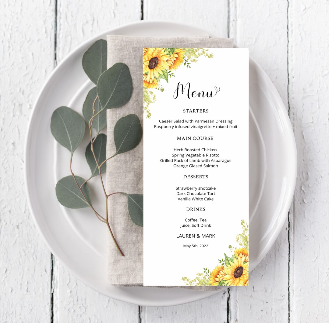 Sunflowers Menu Card, Template Menu Card, Sunflowers Reception Table Decor, Wedding Menu Card ...