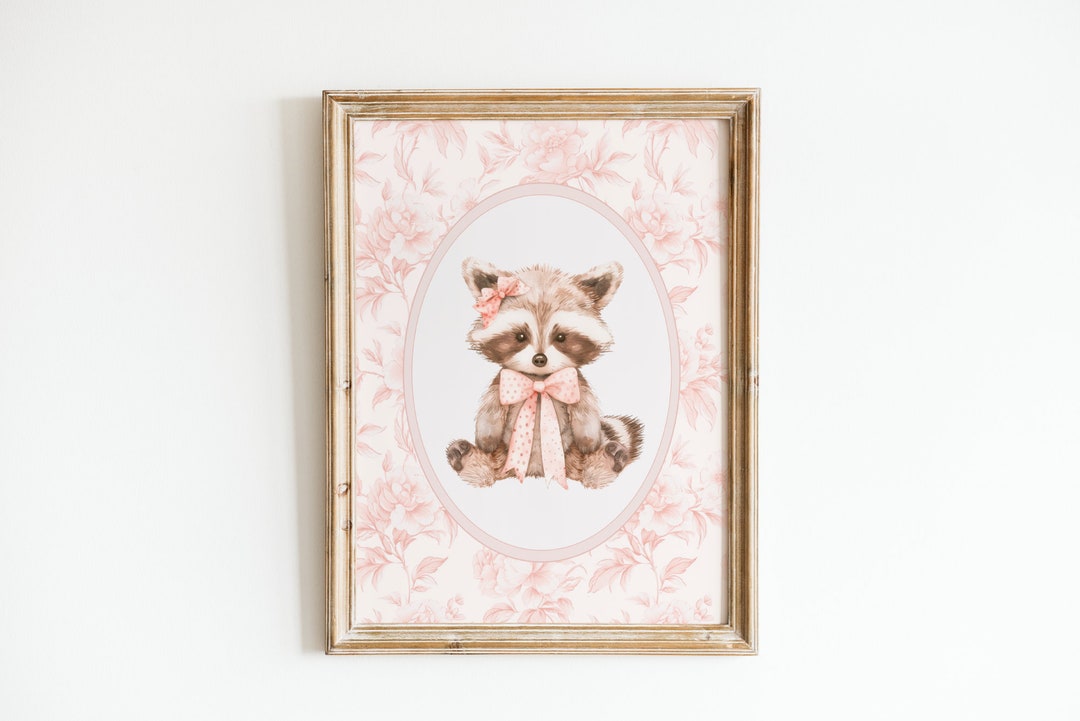 Vintage Raccoon Nursery Wall Art, Girl Nursery Decor, Pink ...