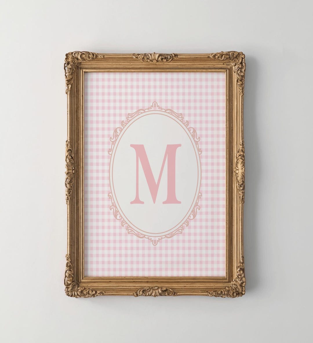 Initial M Wall Art, Pink Gingham Name Initial Wall Art, Monogram Print ...