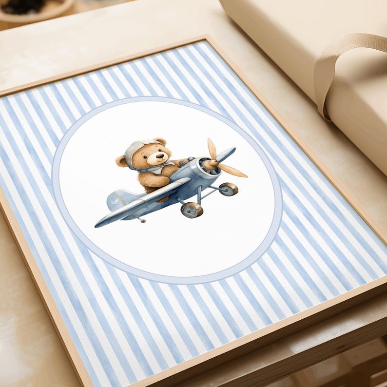 Teddy Bear Airplane Wall Art, Boy Nursery Decor, Blue Aircraft Poster ...