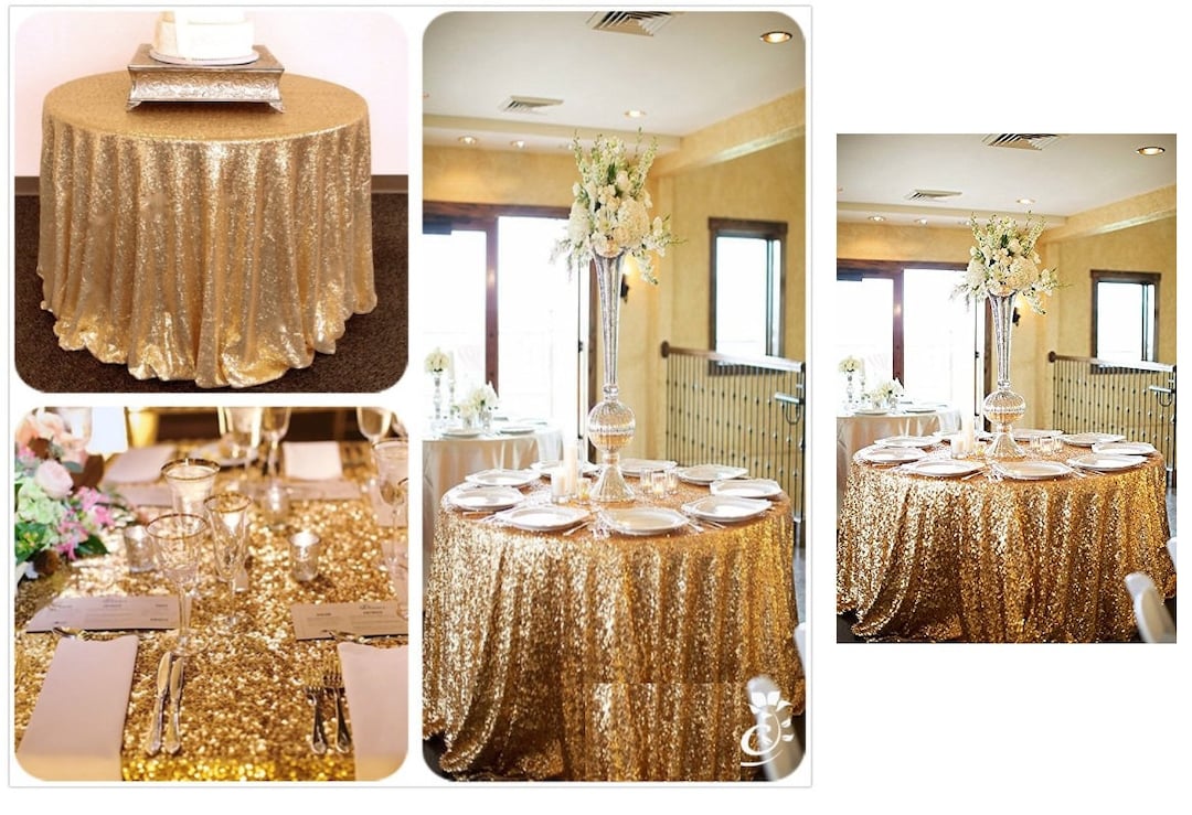 Gold Sequin Wedding Tablecloth 90 Inch Round Polyester Sequin Cloth ...