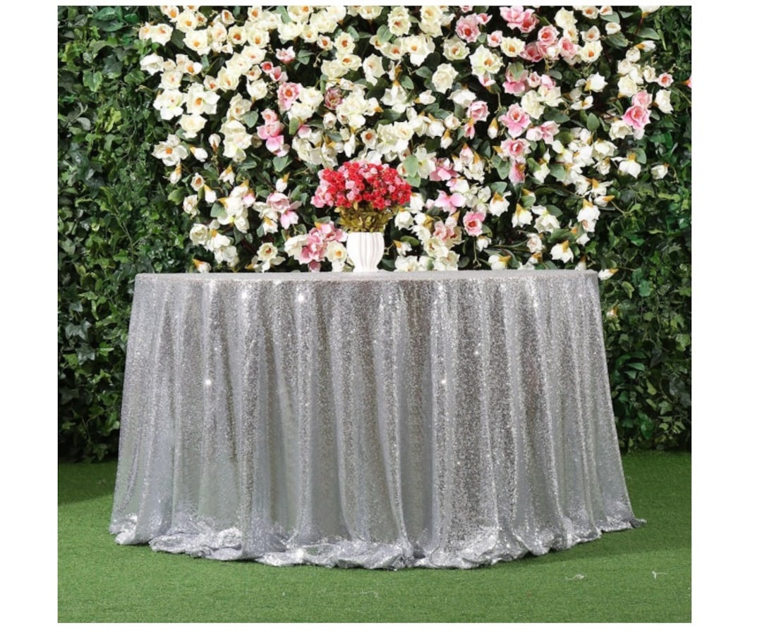 Silver Sequin Wedding Tablecloth 90 Inch Round Polyester Sequin Cloth ...