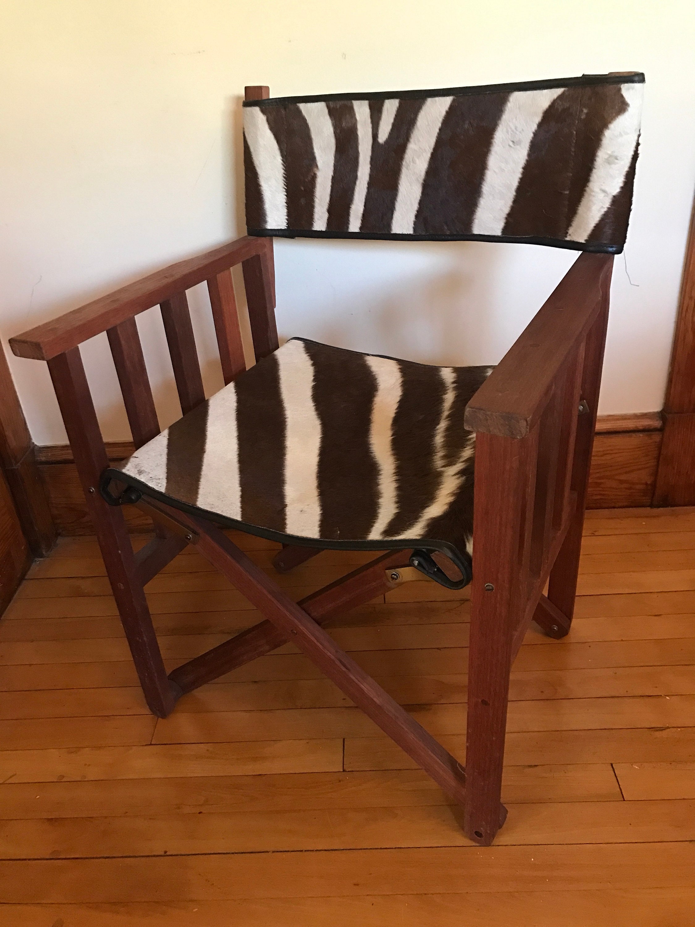 Antique Safari Chair Zebra Leather Director Chair Folding Teak Wood ...