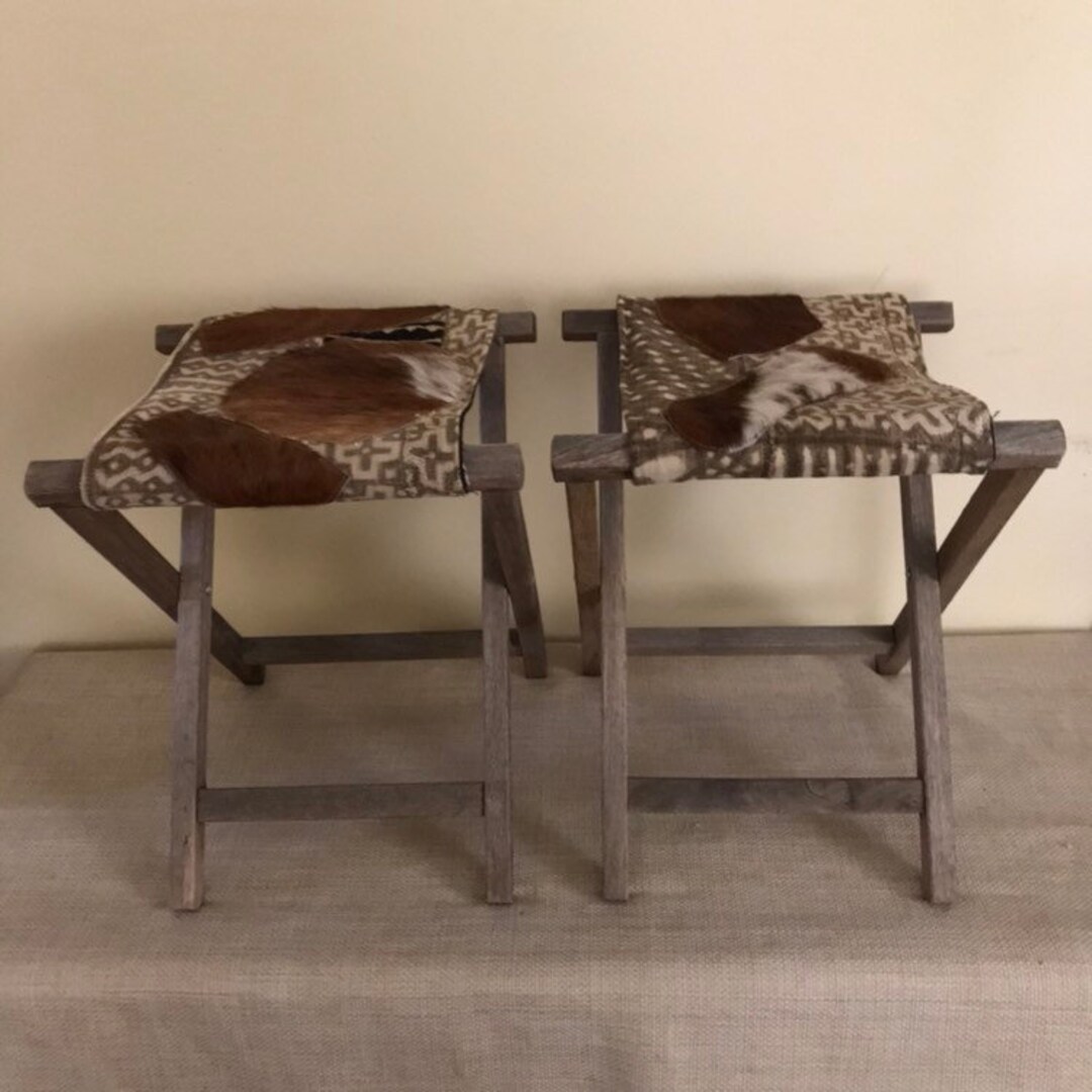 Vintage Cowhide Stools X Stools Folding Wood Camp Mali Cloth Mudcloth ...