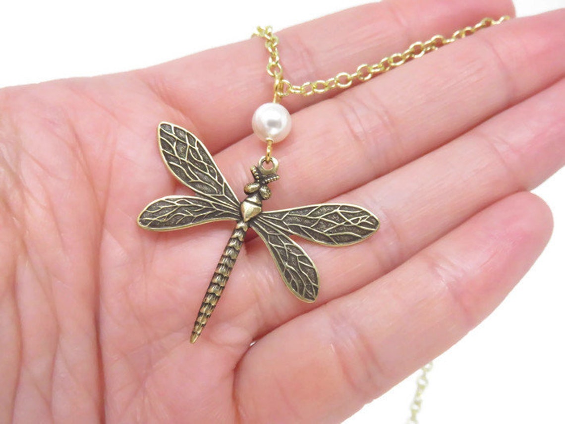 Gold Dragonfly Necklace With White Swarovski® Crystal Pearl | Etsy