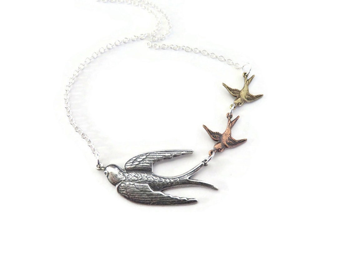 Mixed Metal 3 Birds Necklace You Choose Length, Silver Sparrow Necklace ...