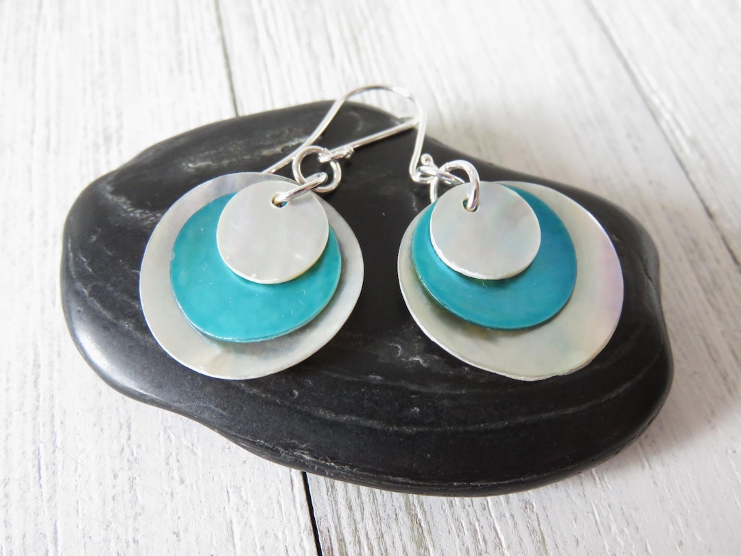 Triple Shell Earrings, Natural & Aqua Blue Mussel Shell Disc Earrings ...